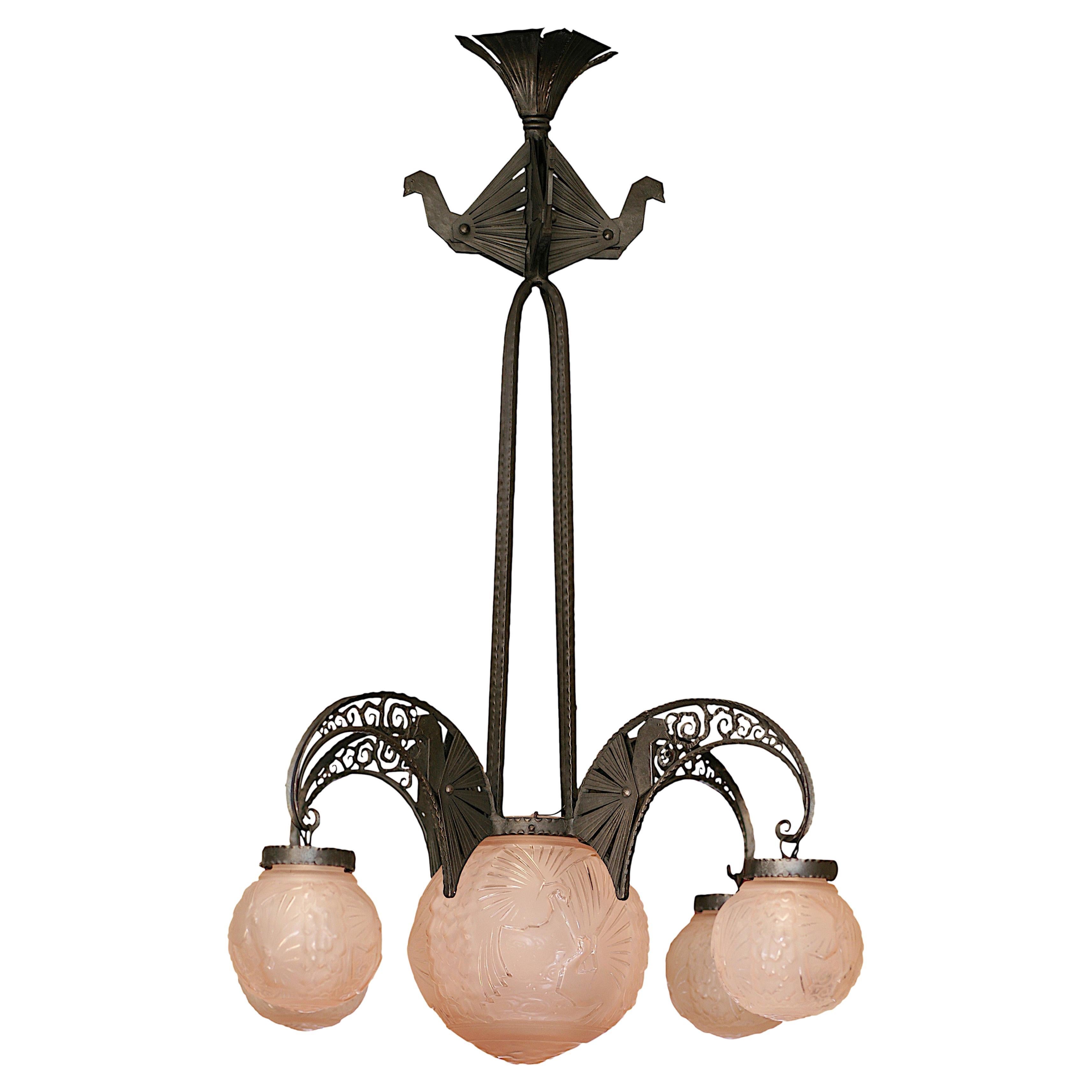 Muller Freres and Andre Kovacs Large French Art Deco Pink Chandelier ...