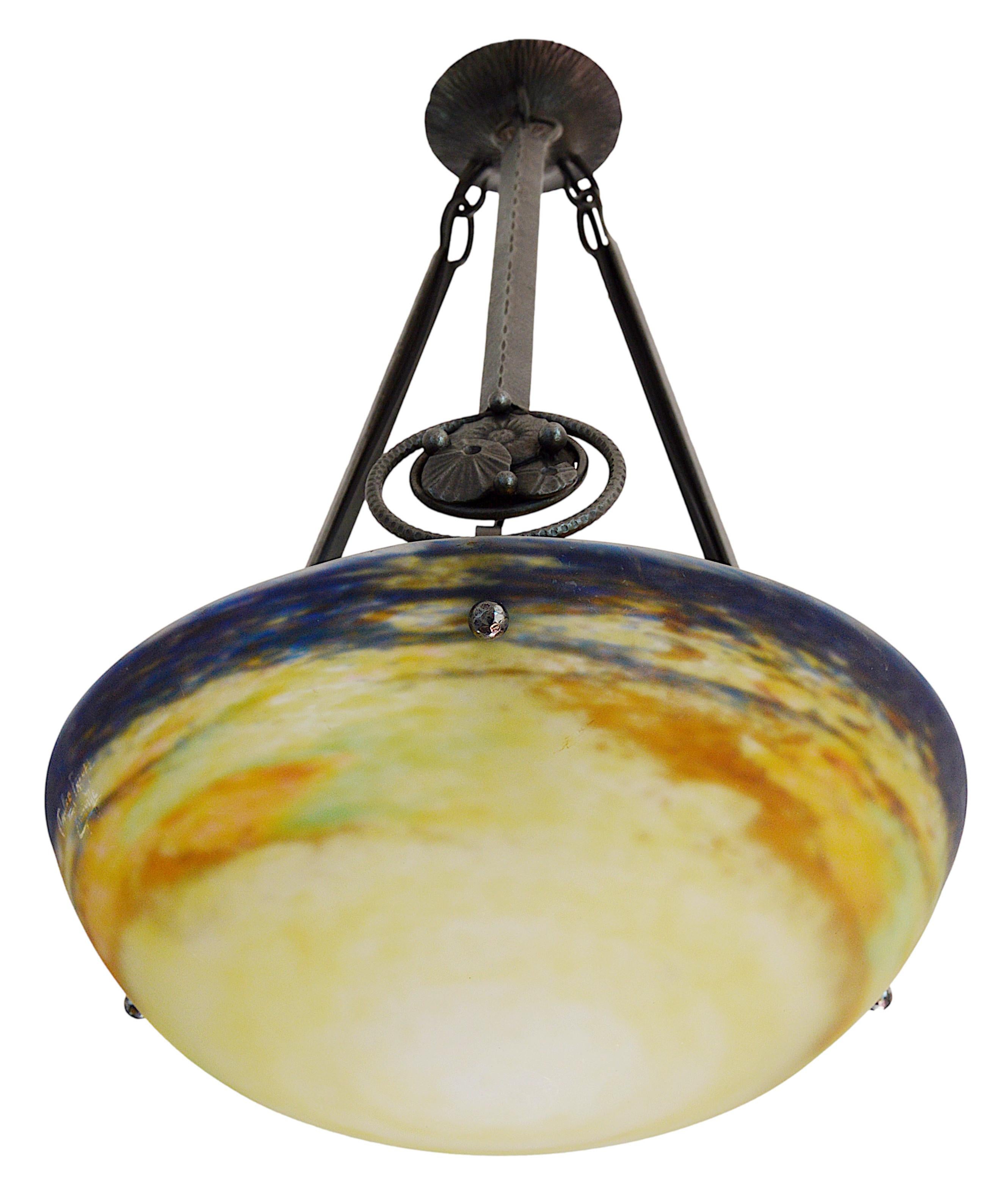 Muller Freres / Marcel Vasseur Wide French Art Deco Pendant Chandelier ...