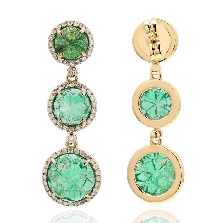 Carved Emerald Triple Drop Earring With Diamonds Made In 18k Yellow ...