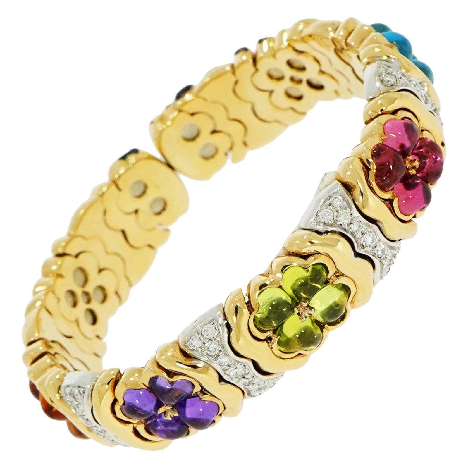 Multi-Color Gemstones and Diamond Flowers Yellow Gold Bracelet at 1stDibs