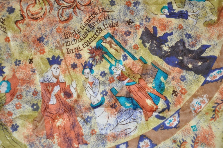 Multi-Color Large Silk "Medieval Characters" Scarf For Sale at 1stDibs