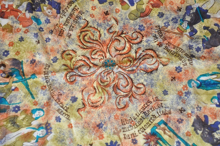Multi-Color Large Silk "Medieval Characters" Scarf For Sale at 1stDibs