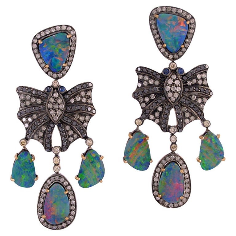 Multi Color Opal Doublet and Blue Sapphire Earrings with Pave Diamonds ...