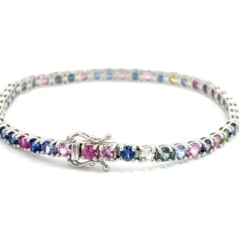 Multi-Color Rainbow Natural Sapphires Tennis Bracelet in 14k White Gold ...
