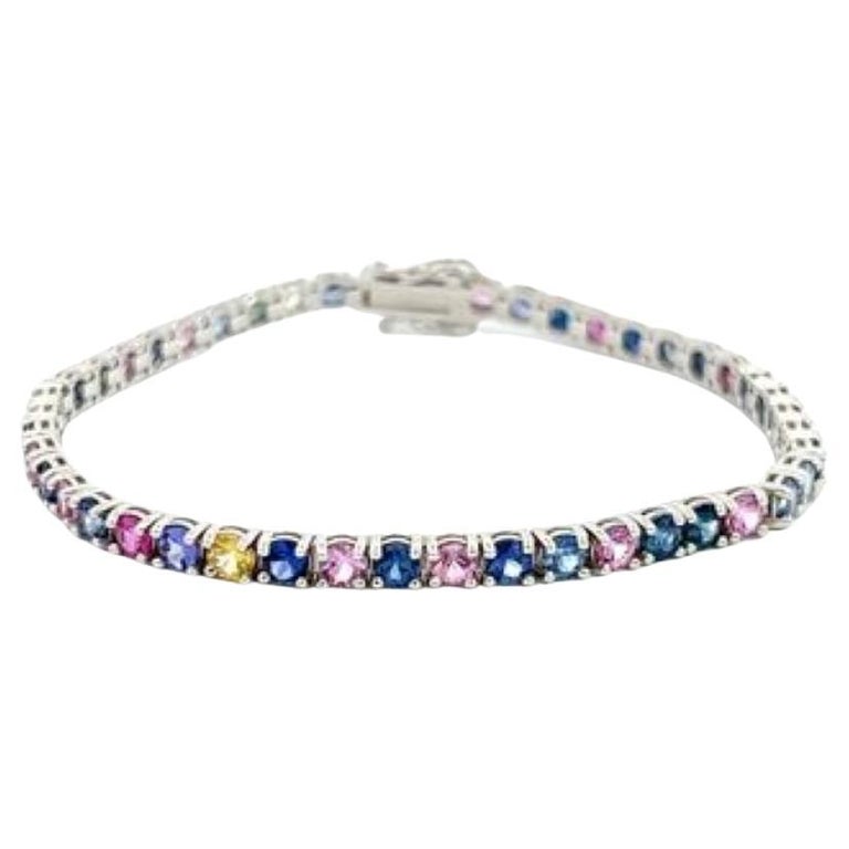 Multi Color Rainbow Natural Sapphires Tennis Bracelet In 14k White Gold