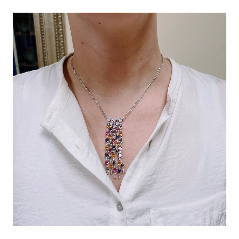 Multi-Color Sapphire and Diamond 18K White Gold Pendant, circa 1980s ...