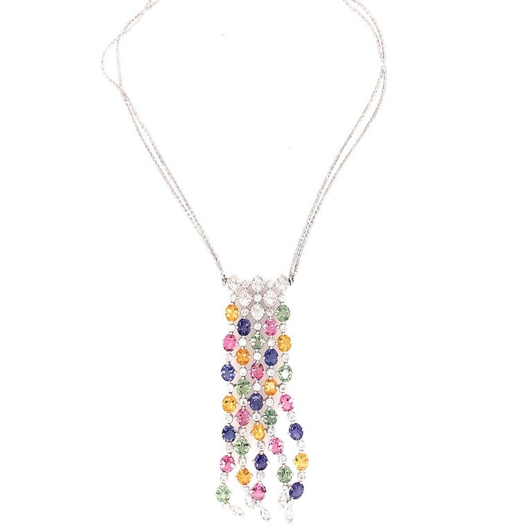Multi-Color Sapphire and Diamond 18K White Gold Pendant, circa 1980s ...