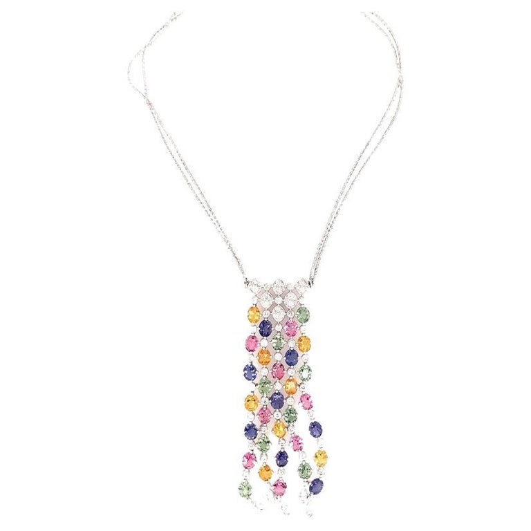Multi-Color Sapphire and Diamond 18K White Gold Pendant, circa 1980s ...