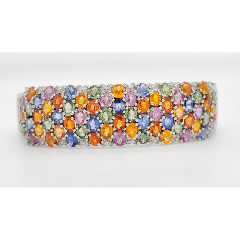 Multi Color Sapphire and White Diamond Bangle in 14k White Gold For ...