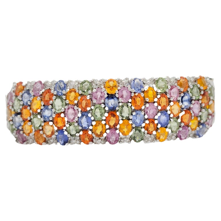 Multi Color Sapphire and White Diamond Bangle in 14k White Gold For ...