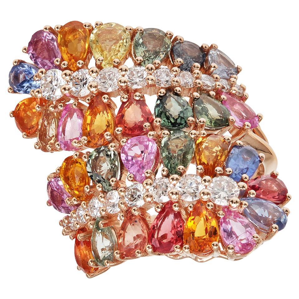 Multi-Color Sapphire Diamond 18 Karat Cocktail Ring For Sale at 1stDibs