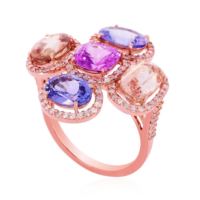 Oval Shaped Multi-Color Sapphire Ring in 18k Rose Gold Surrounded by ...