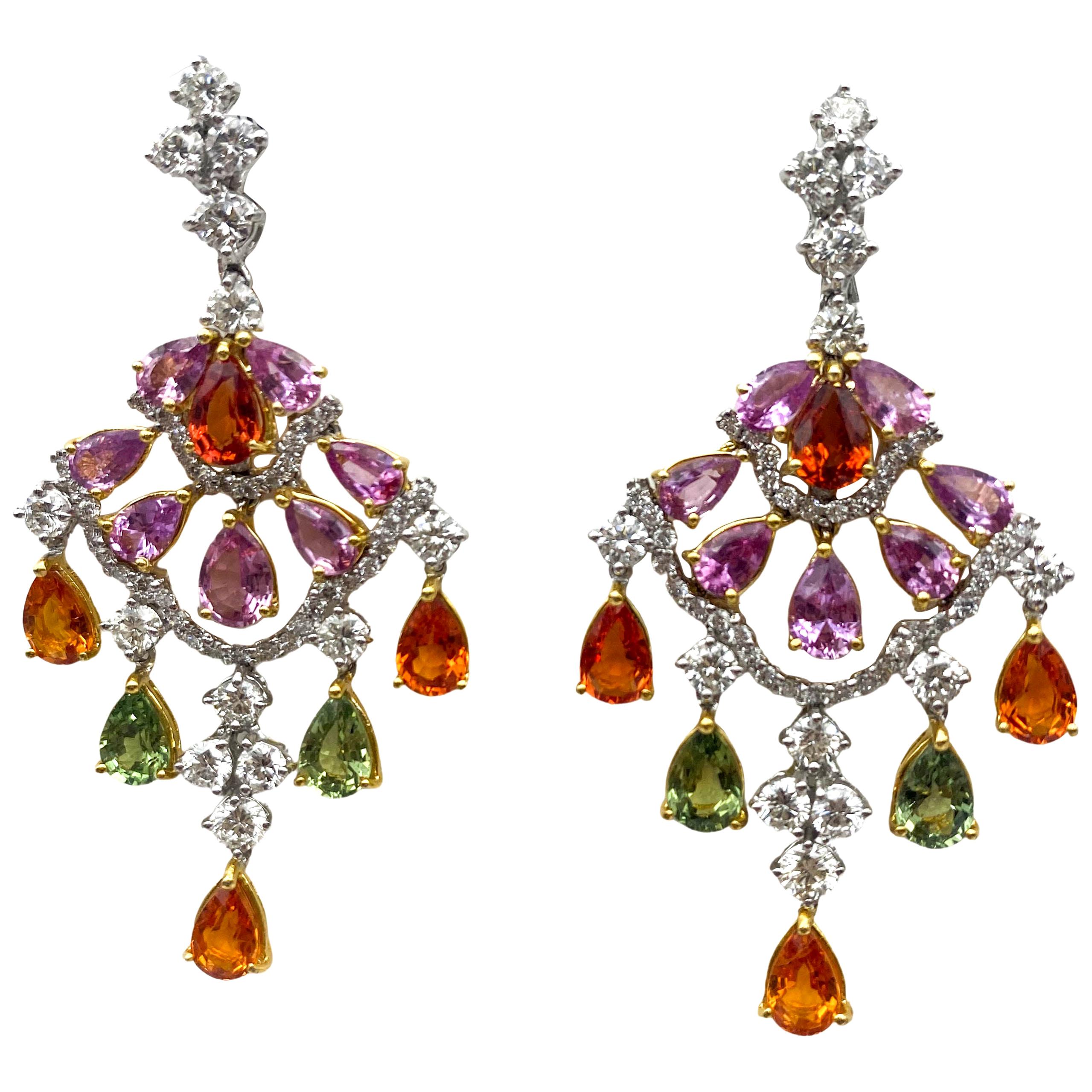 Multi-Color Sapphire Diamond Gold Earrings at 1stDibs