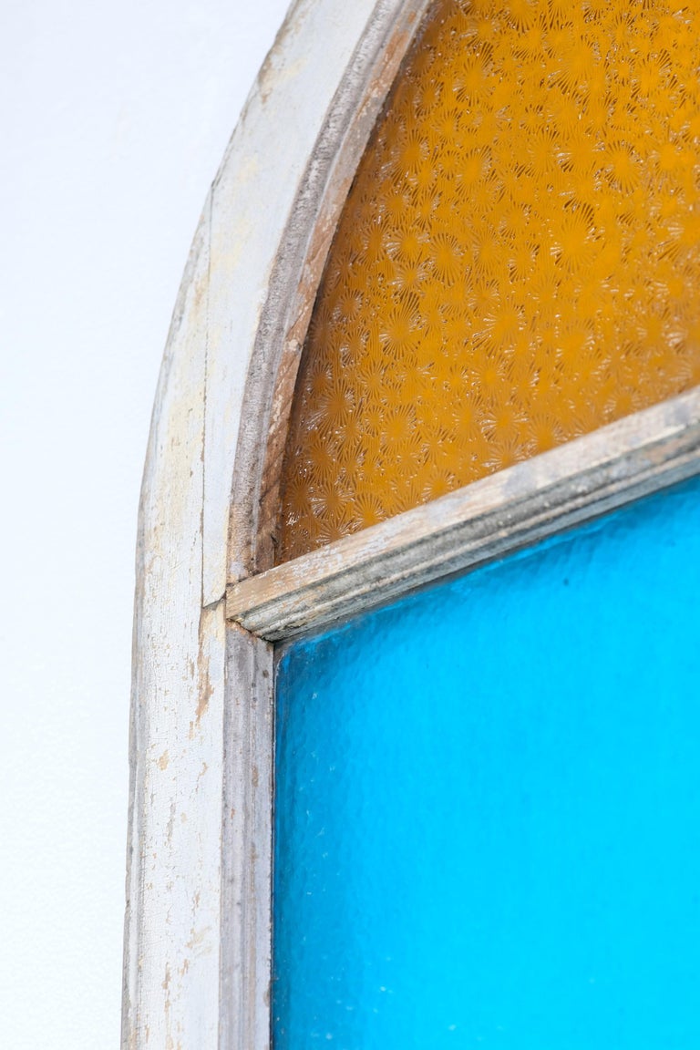 Multi-Color Wood Arched Stained Glass Window, Yellow, Blue, Green, and ...