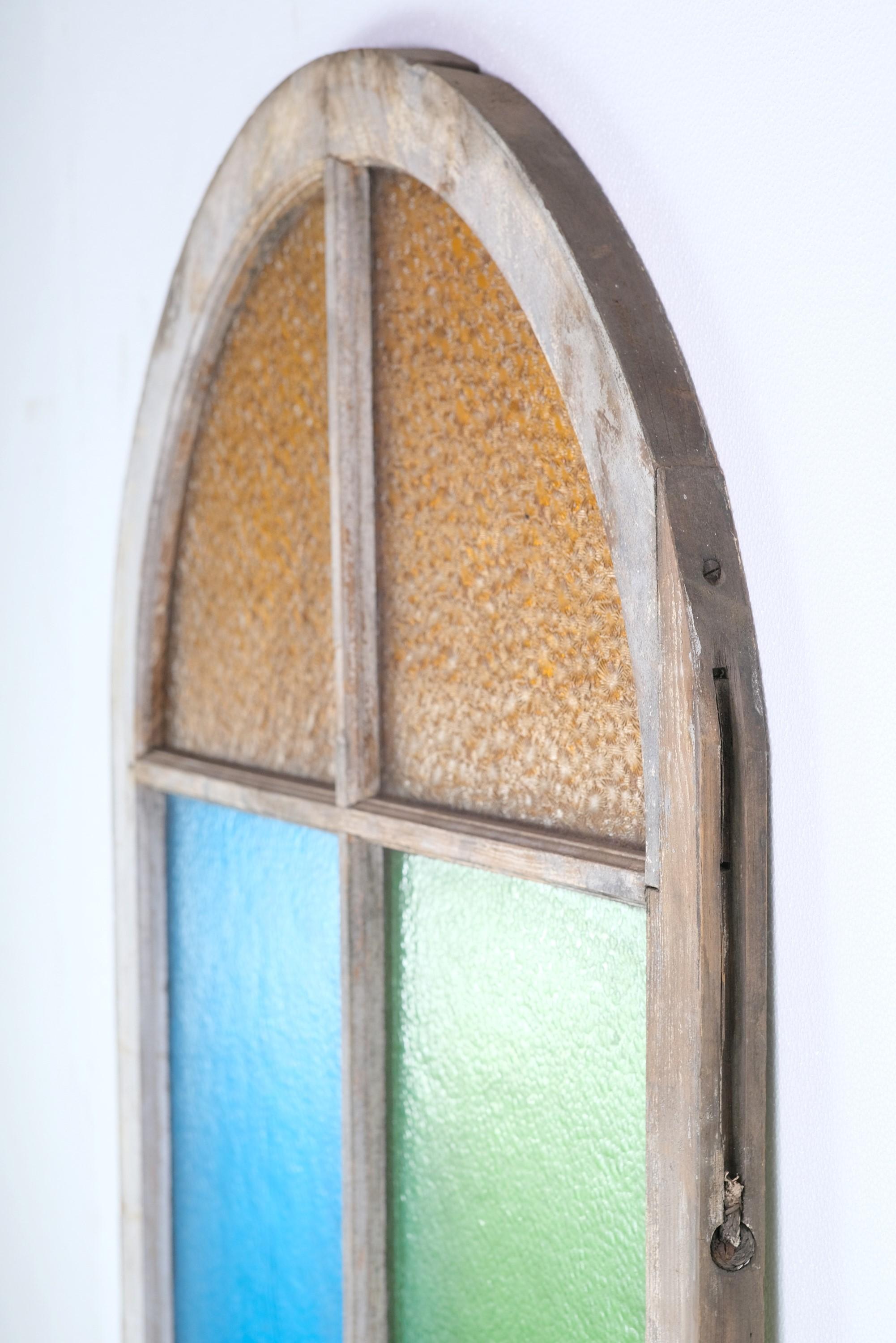 Multi-Color Wood Arched Stained Glass Window, Yellow, Blue, Green, and ...