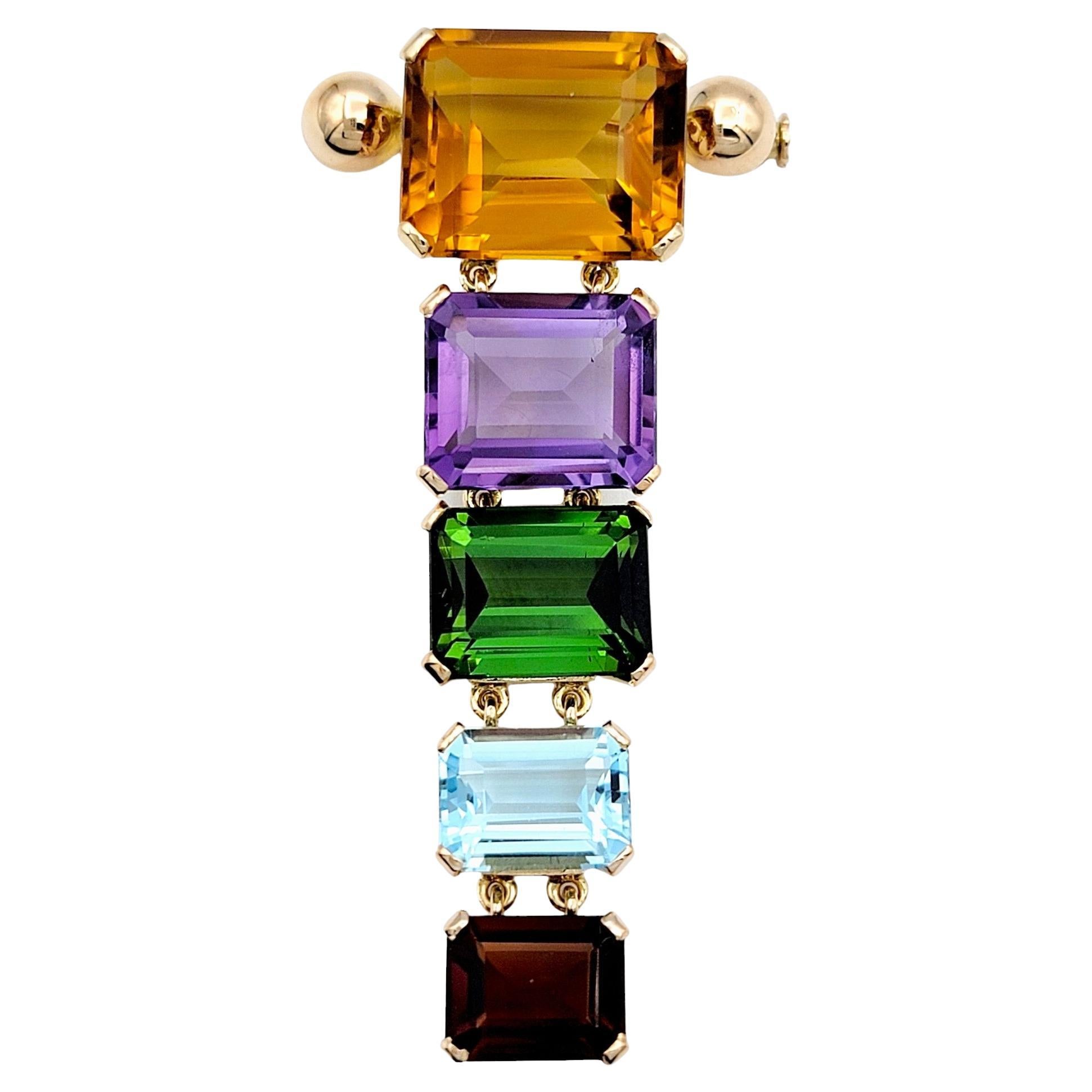 Multi-Colored Emerald Cut Gemstone Banner Brooch Set in 14 Karat Yellow ...
