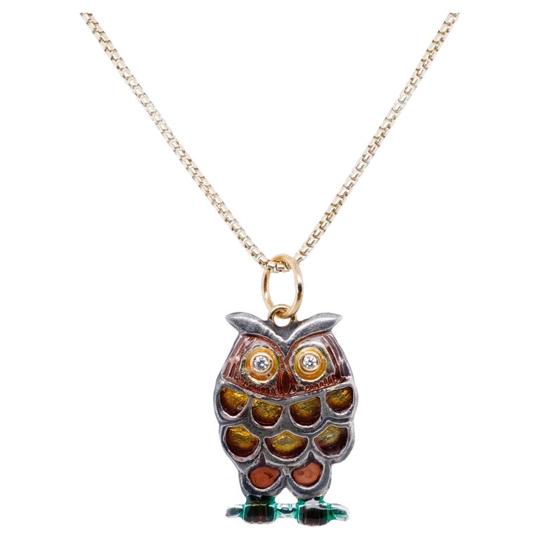 Multi-Colored Enameled Owl Charm with Diamond Eyes, Pendant Necklace ...