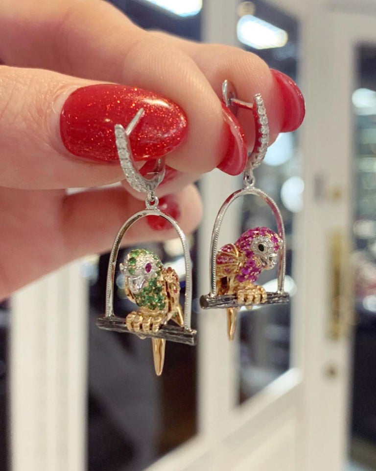 Multicolored Garnet, Sapphire and Diamond Parrot Earrings Set in 18 ...
