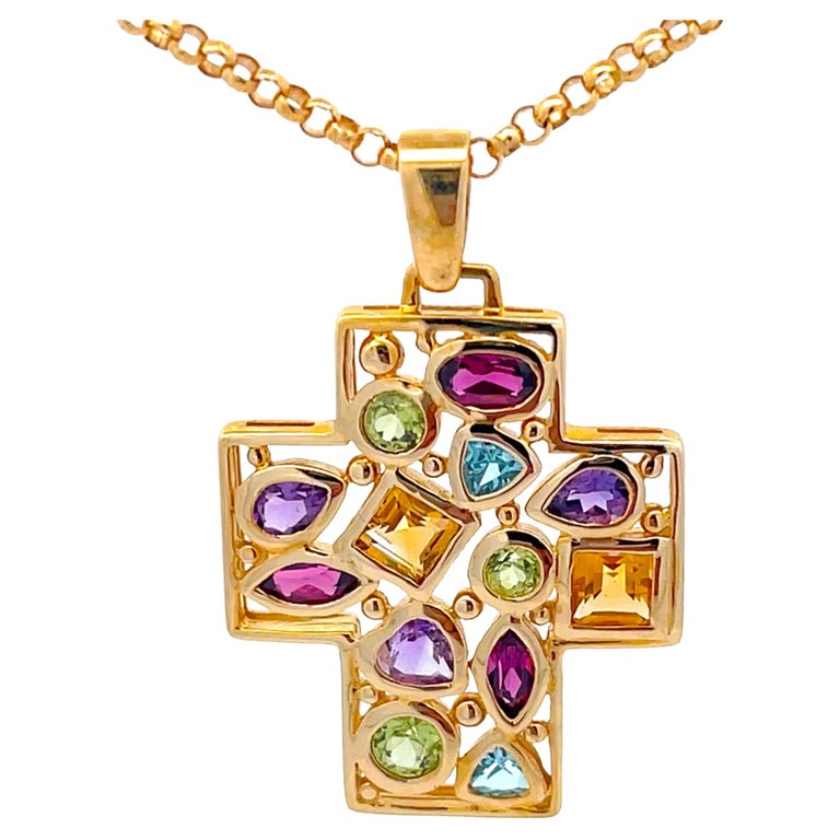 Multi Colored Gemstone Cross Necklace in 14k Yellow Gold For Sale at ...