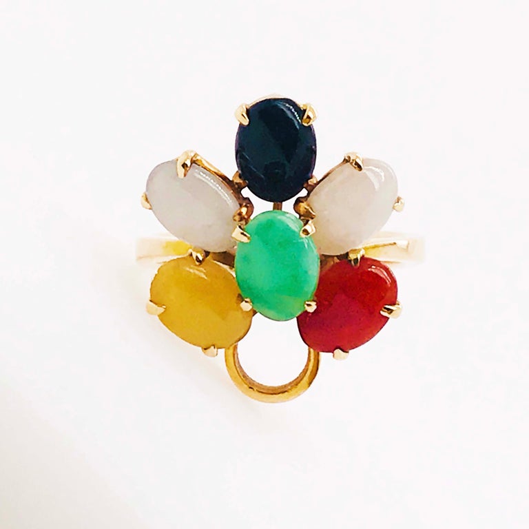 Multicolored Natural Jade Ring in 14 Karat Yellow Gold For Sale at 1stDibs