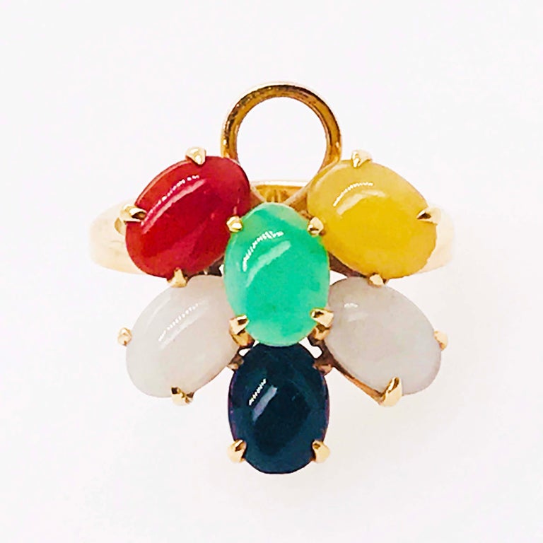 Multicolored Natural Jade Ring in 14 Karat Yellow Gold For Sale at 1stDibs