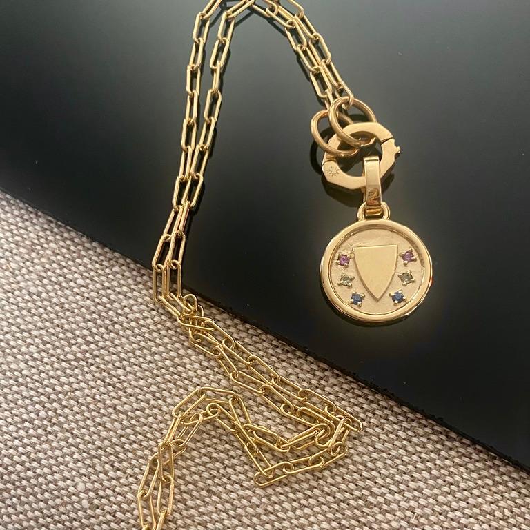 Multi Colored Sapphire and 14 Karat Gold Round Shield Pendant For Sale ...