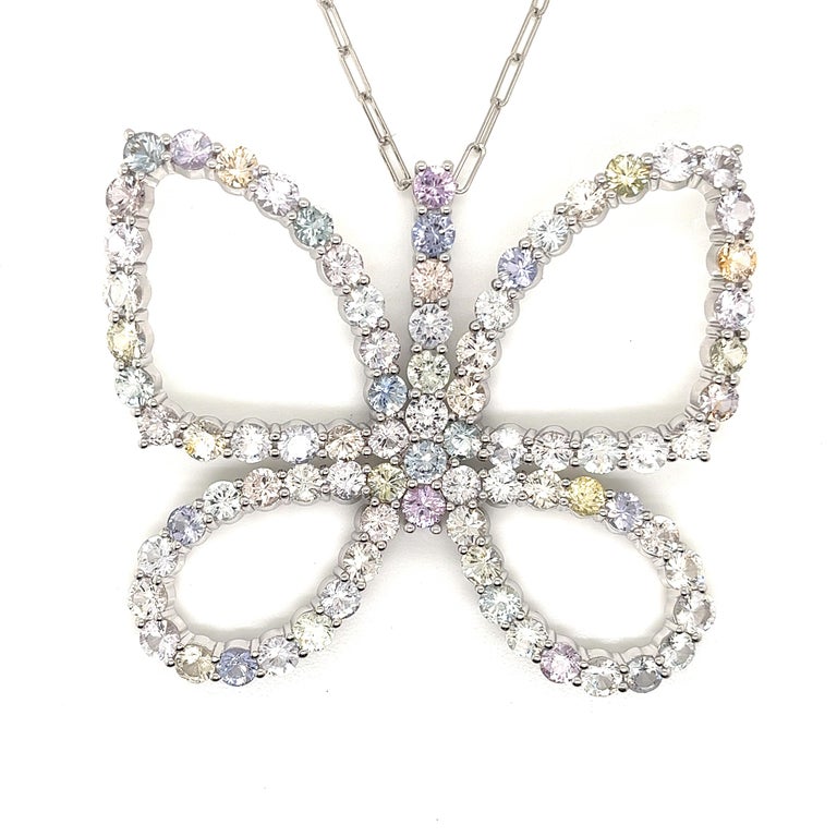 Multi-Colored Sapphire Butterfly Necklace in 18 Karat White Gold For ...