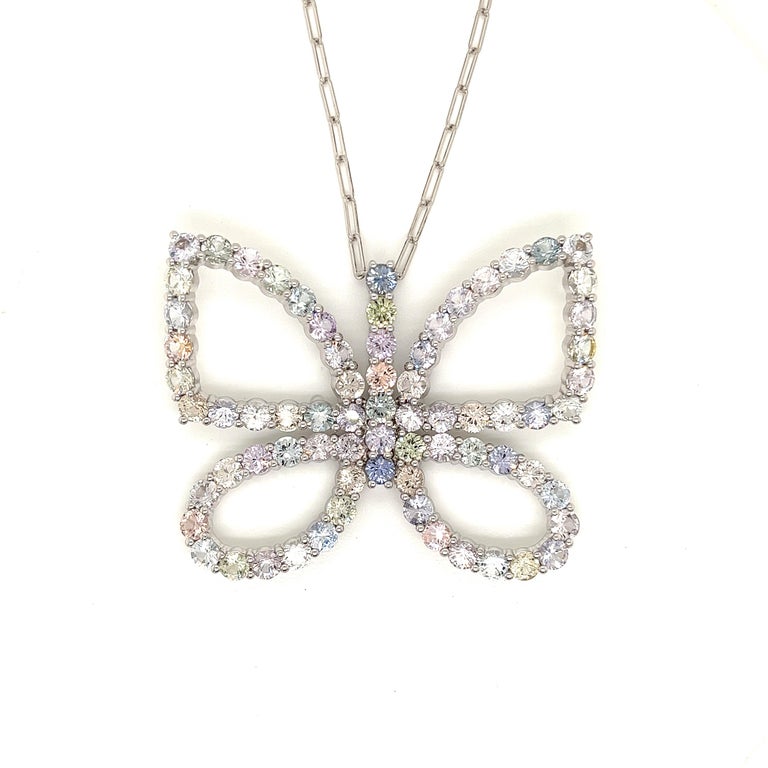 Multi-Colored Sapphire Butterfly Necklace in 18 Karat White Gold For ...
