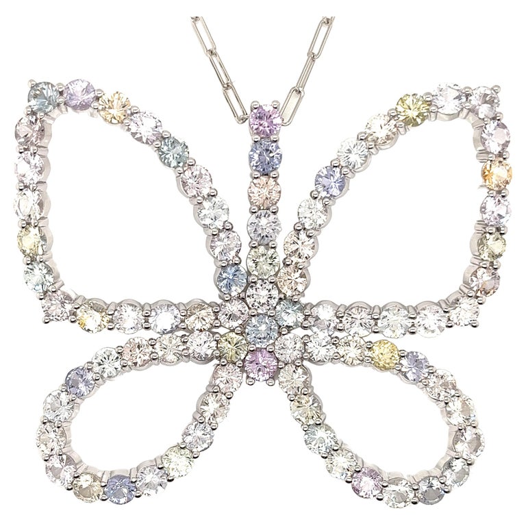 Multi-Colored Sapphire Butterfly Necklace in 18 Karat White Gold For ...