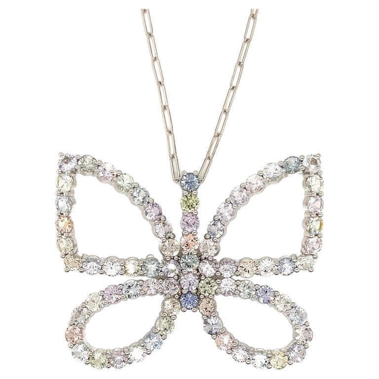 Multi-Colored Sapphire Butterfly Necklace in 18 Karat White Gold For ...