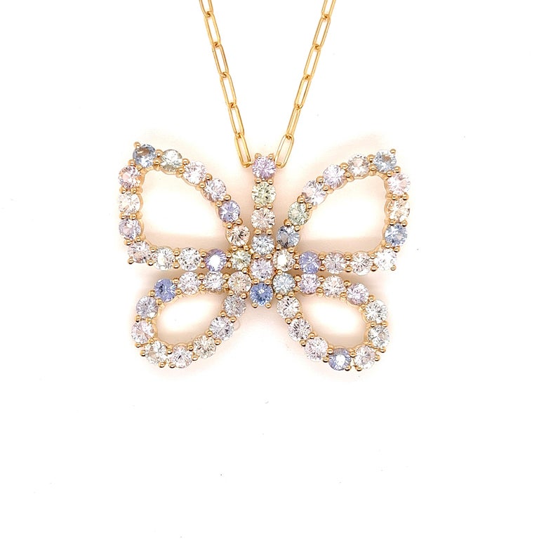 Multi-Colored Sapphire Butterfly Necklace in 18 Karat Yellow Gold For ...