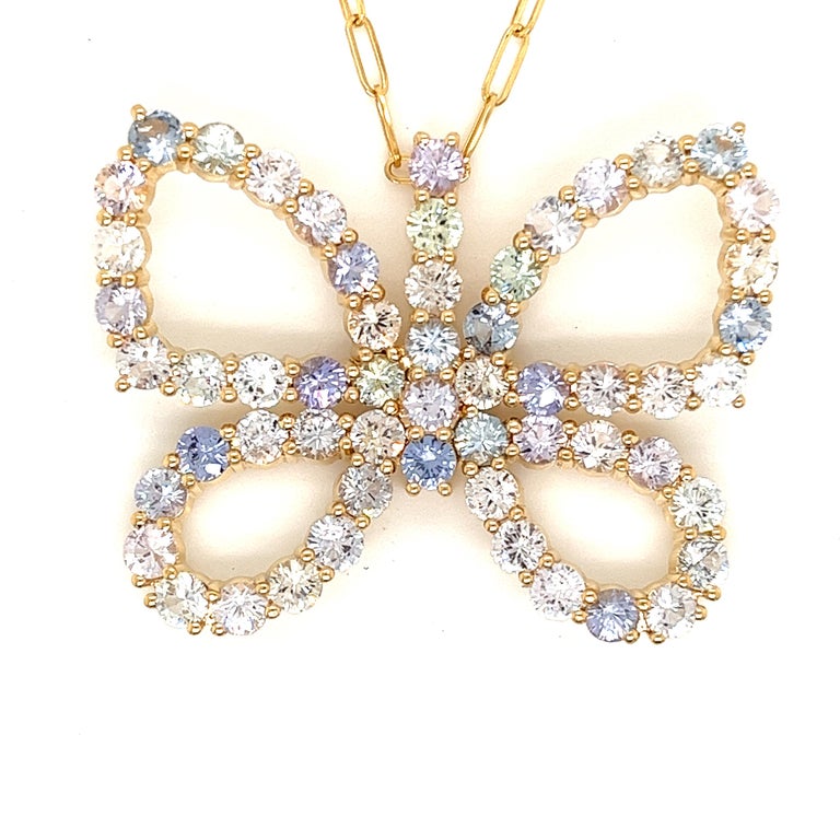 Multi-Colored Sapphire Butterfly Necklace in 18 Karat Yellow Gold For ...