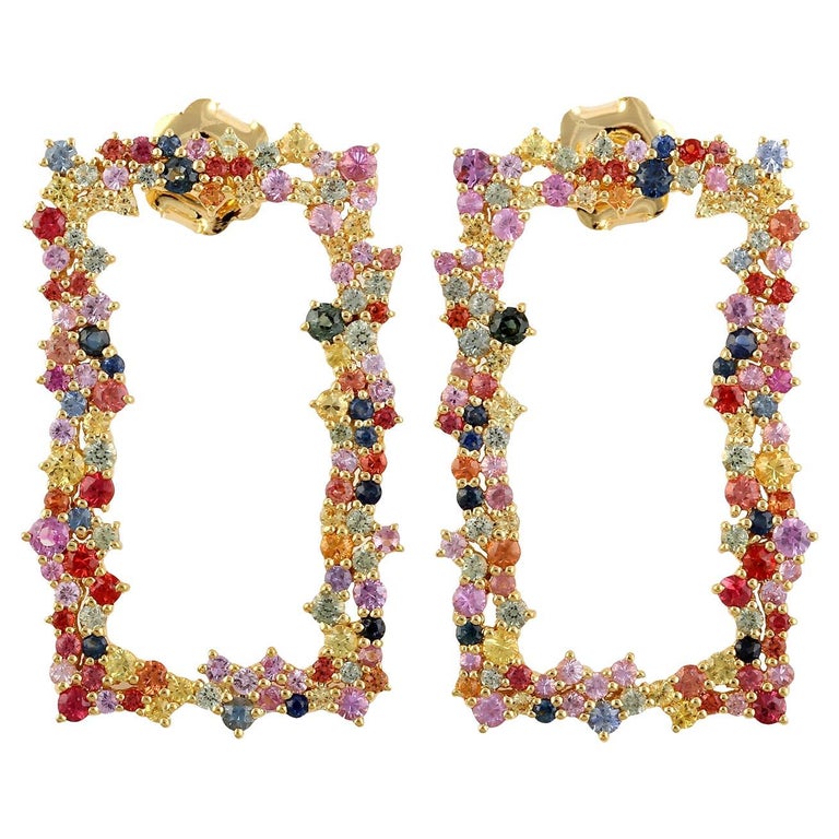 Multi Colored Sapphire Square Shape Stud Earrings in 18k Yellow Gold ...
