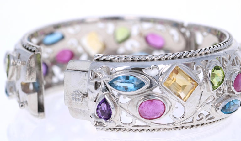 Multicolored Stone 925 Silver Bangle at 1stDibs | silver bangles for sale