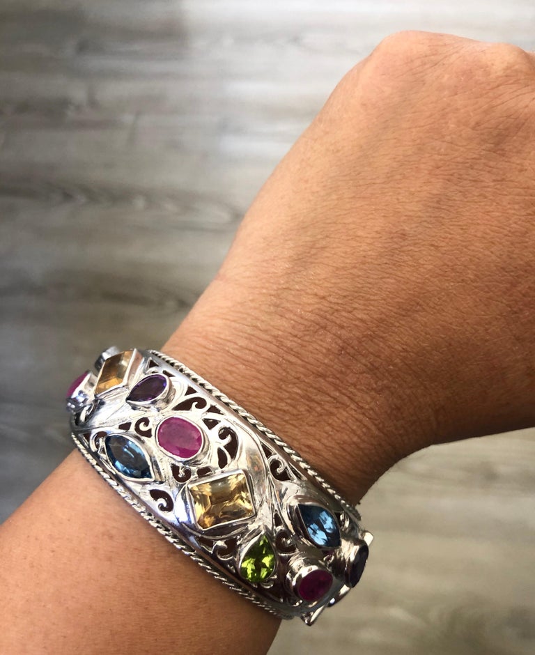 Multicolored Stone 925 Silver Bangle at 1stDibs | silver bangles for sale