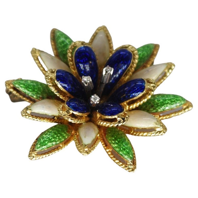 Multi Color Enamel Brooch in 18 Karat Yellow Gold with Diamonds at 1stDibs