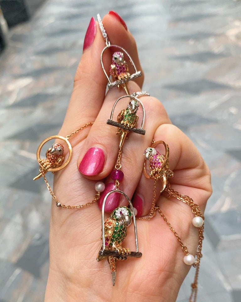 Multi-Colored Garnet, Sapphire and Diamond Parrot Necklace Set in 18 ...