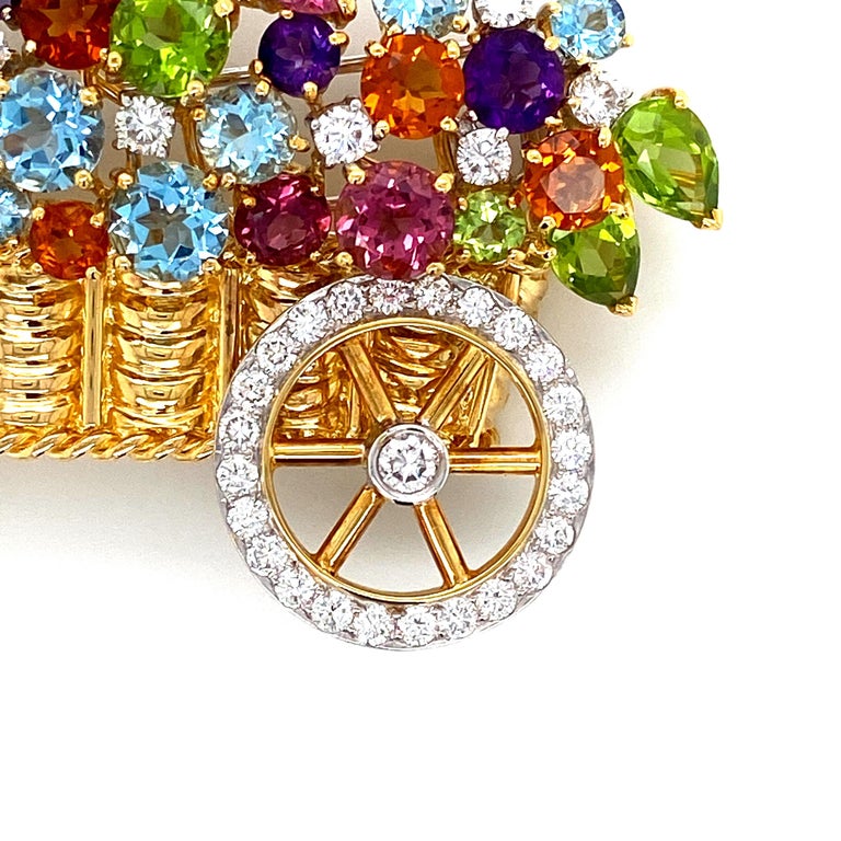 Multicolored Gemstones and Diamond Gold Brooch For Sale at 1stDibs