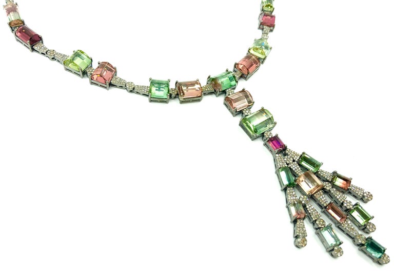 Multicolored Tourmaline Necklace Diamonds 18 Karat and Silver For Sale ...