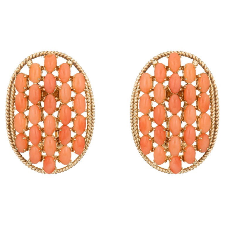 Multi Coral Earrings Vintage Large Oval 14k Yellow Gold Estate Fine ...