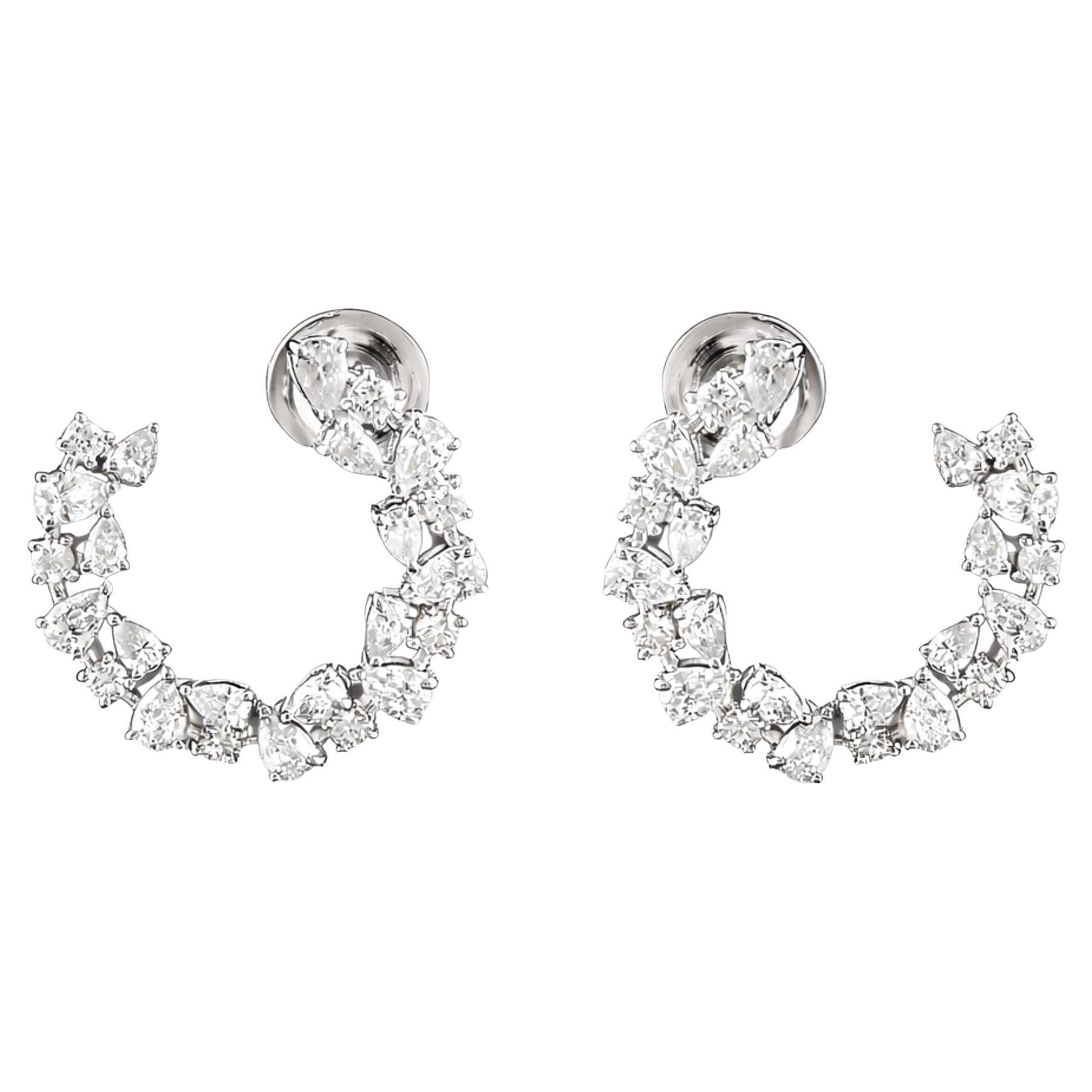 3.87 ct Multi Shaped Diamond Open Crescent Hoop Earrings 18K White gold ...