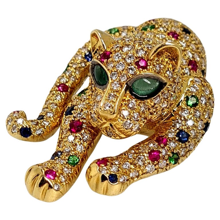 Solid 18k Yellow Gold Multi Gem Diamond Cougar Pendant Cartier Inspired ...