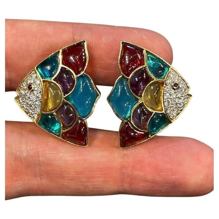 Multi Gem and Diamond Fish Earrings For Sale at 1stDibs
