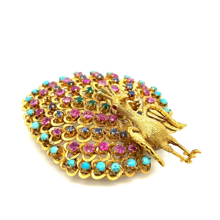 Multi Gem Peacock Gold Brooch For Sale at 1stDibs