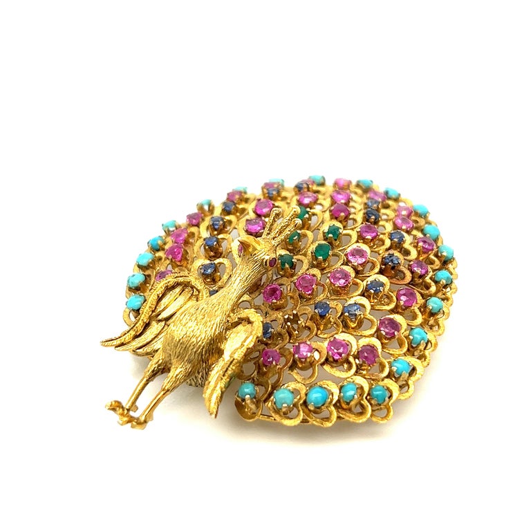 Multi Gem Peacock Gold Brooch For Sale at 1stDibs