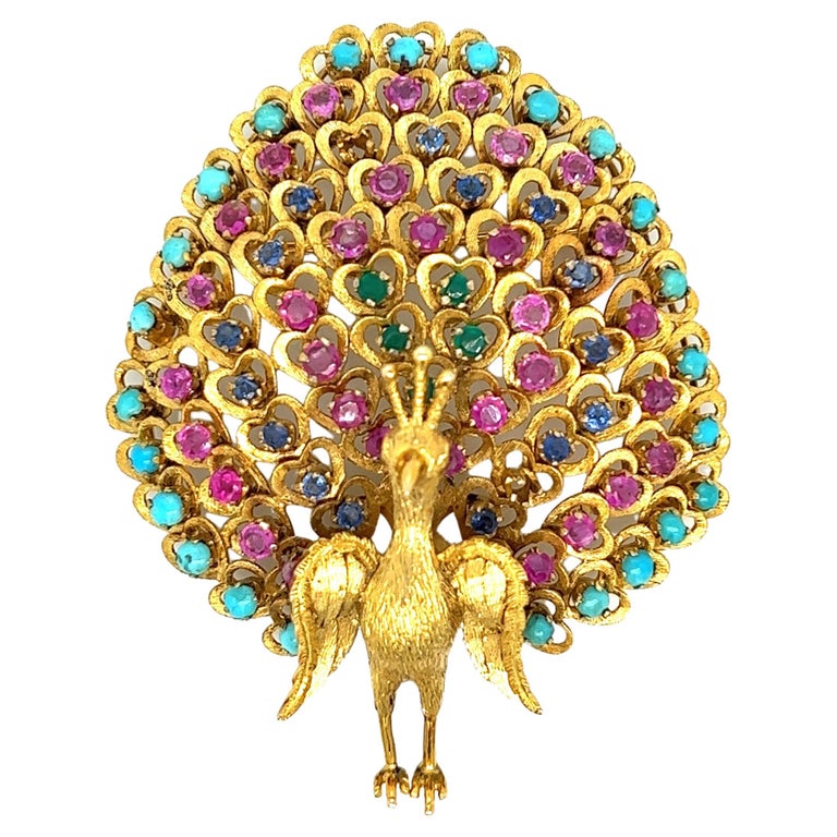 Multi Gem Peacock Gold Brooch For Sale at 1stDibs