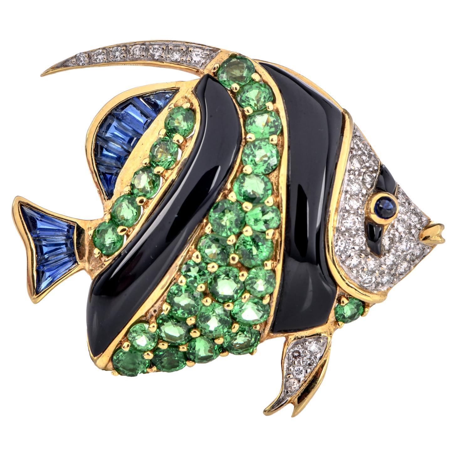 Multi Gem Tsavorite Onyx Diamond 18K Gold Fish Pin Pendant For Sale at ...