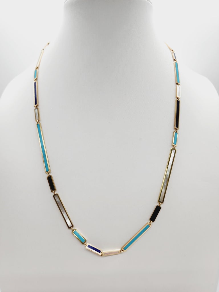 Multi Gem Yellow Gold Link Chain Necklace For Sale at 1stDibs