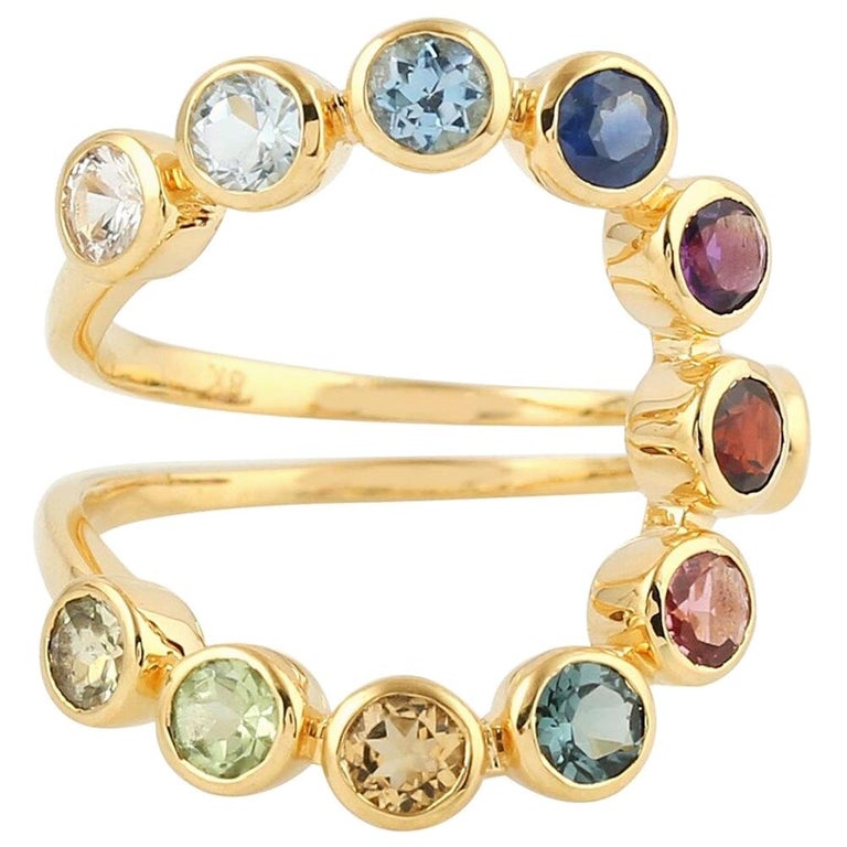 Multi Gemstone 18 Karat Gold Between the Finger Ring For Sale at 1stDibs