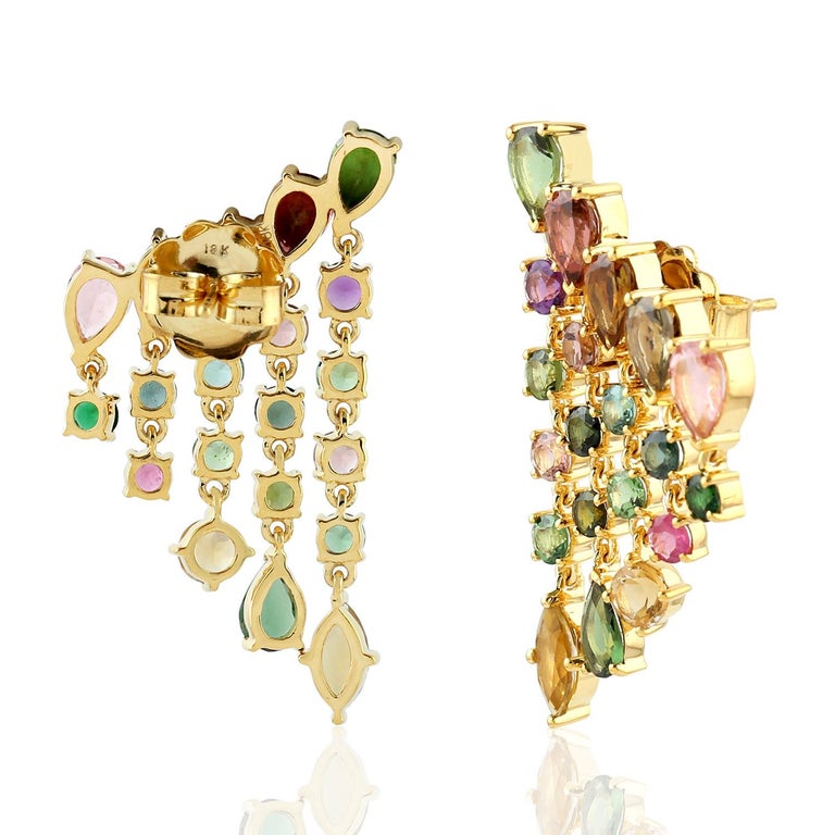 Multi Gemstone 18 Karat Gold Rain Drop Earrings For Sale at 1stDibs